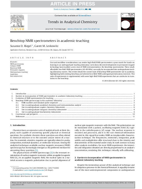 (PDF) Benchtop NMR spectrometers in academic teaching