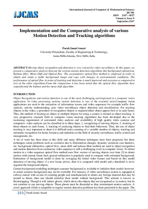 Pdf Implementation And The Comparative Analysis Of Various Motion Detection And Tracking