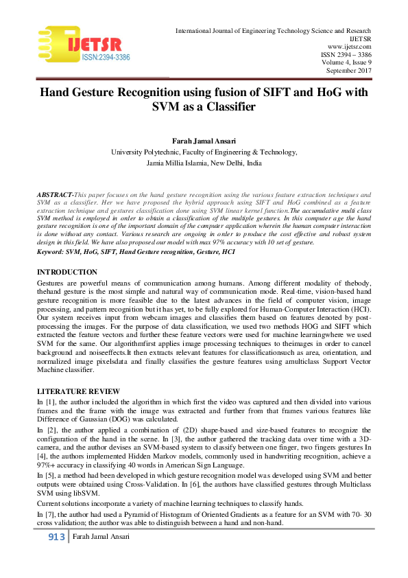 (PDF) Hand Gesture Recognition using fusion of SIFT and HoG with SVM as a Classifier | Farah ...