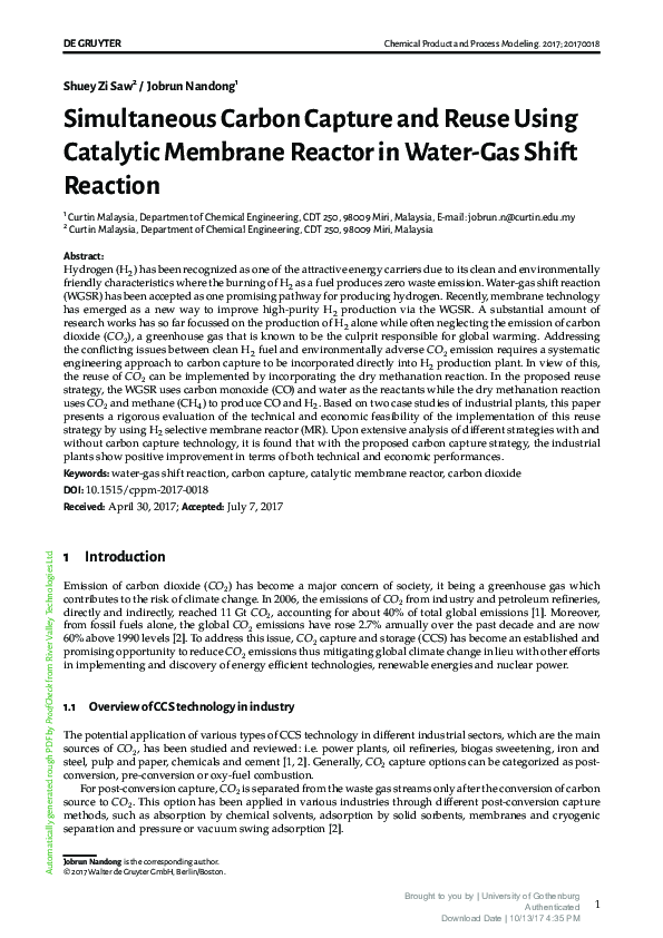 (PDF) Simultaneous Carbon Capture and Reuse Using Catalytic Membrane ...
