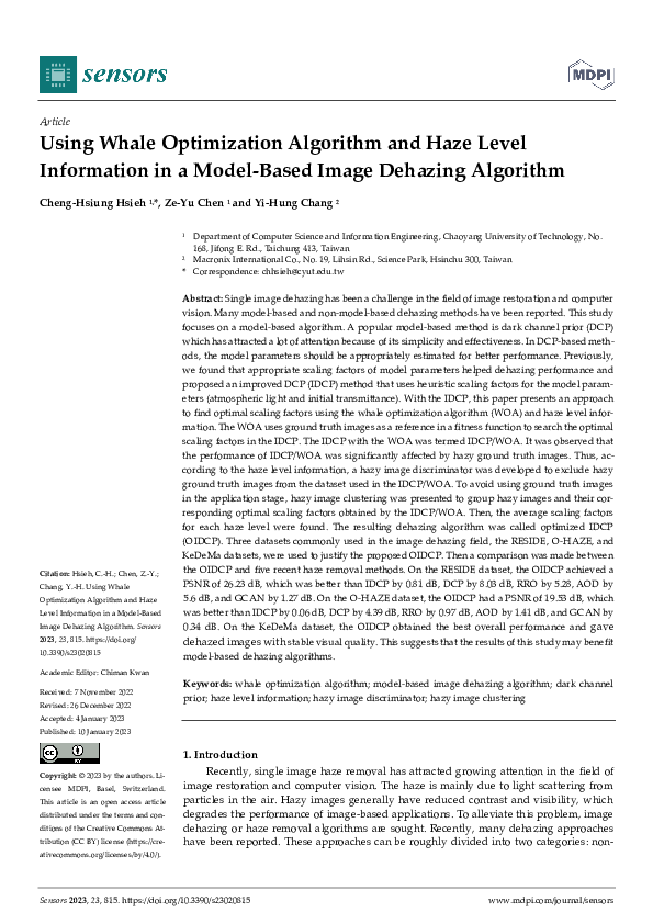 Pdf Using Whale Optimization Algorithm And Haze Level Information In A Model Based Image