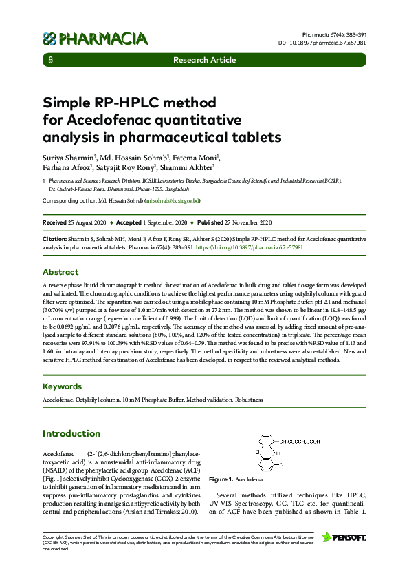 Pdf Simple Rp Hplc Method For Aceclofenac Quantitative Analysis In