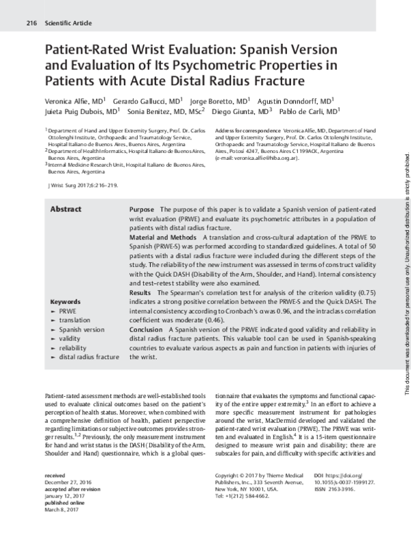 (PDF) Patient-Rated Wrist Evaluation: Spanish Version and Evaluation of ...