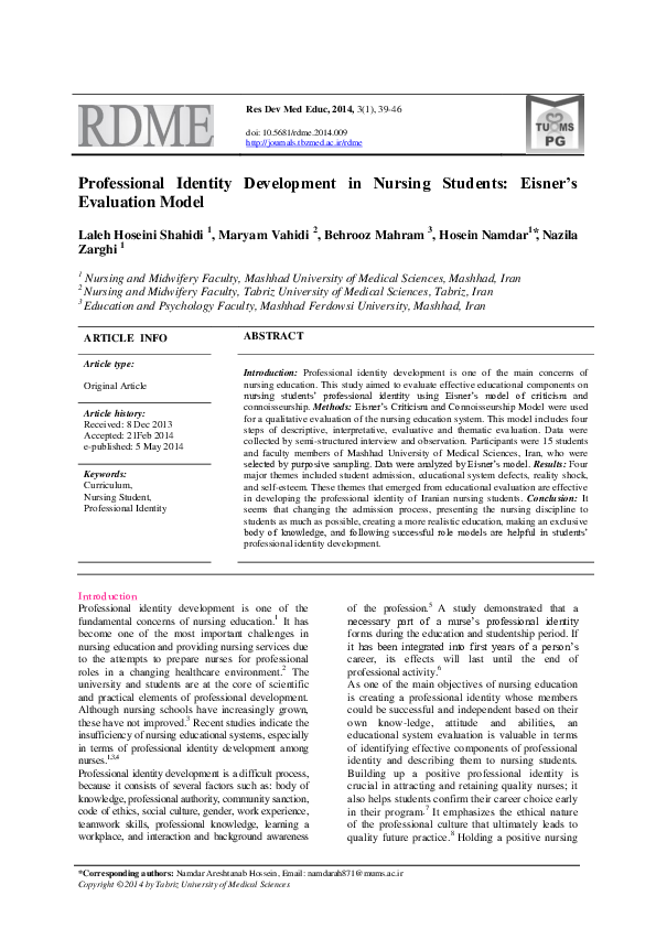 (PDF) Professional Identity Development in Nursing Students: Eisner’s ...