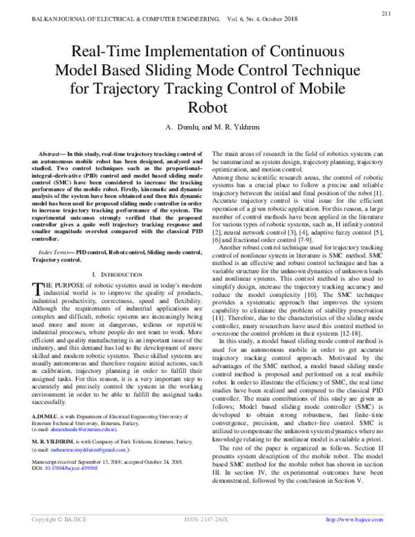 (PDF) Real-Time Implementation of Continuous Model Based Sliding Mode Control Technique for ...