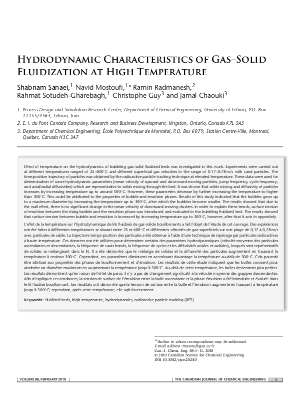 (PDF) Hydrodynamic characteristics of gas–solid fluidization at high temperature