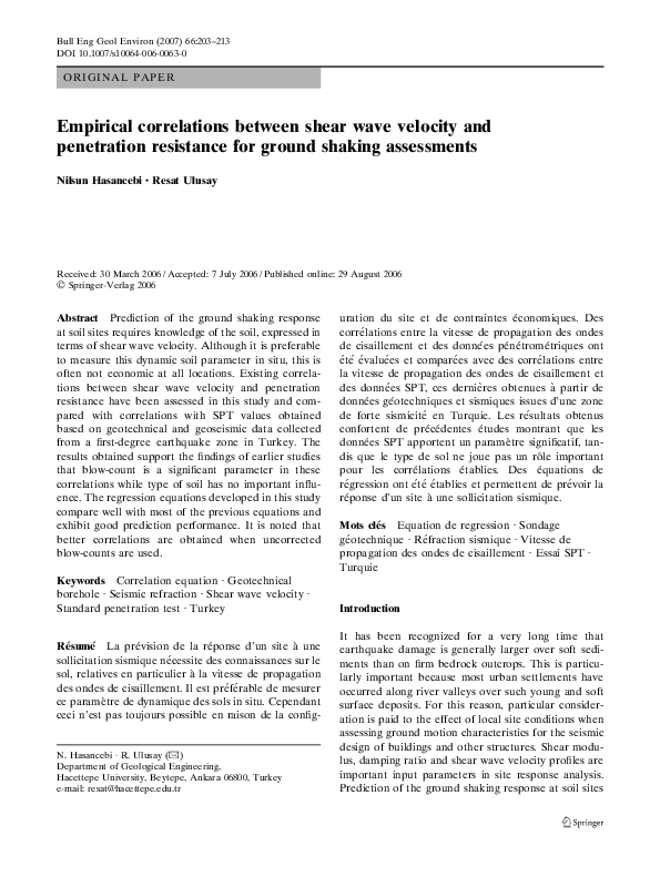 (PDF) Empirical correlations between shear wave velocity and penetration resistance for ground ...