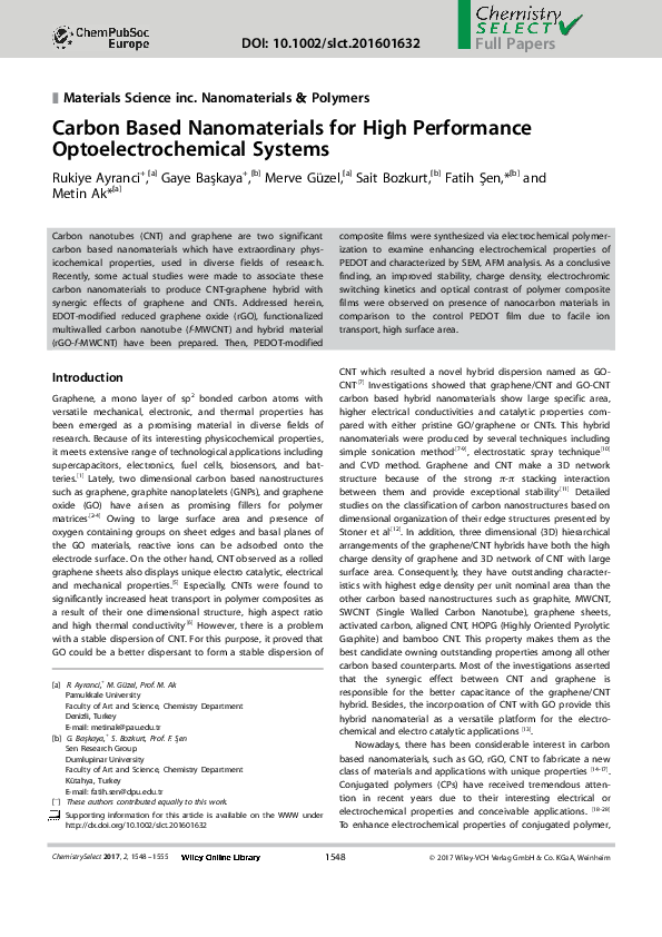 (PDF) Carbon Based Nanomaterials for High Performance Optoelectrochemical Systems