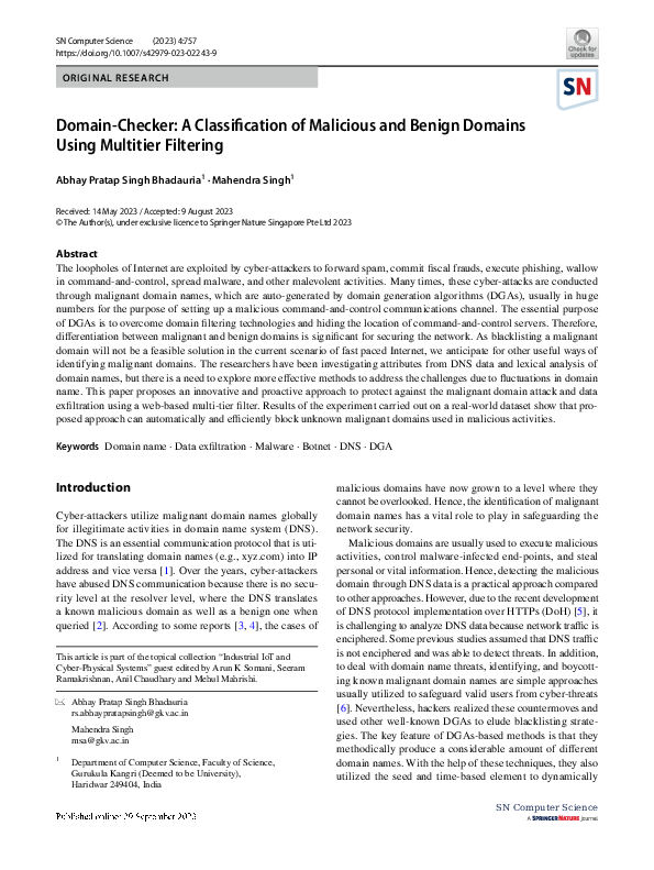 (PDF) Domain-Checker: A Classification of Malicious and Benign Domains Using Multitier Filtering