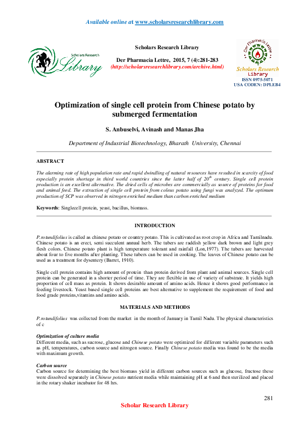 (PDF) Optimizing Single Cell Protein from Potato