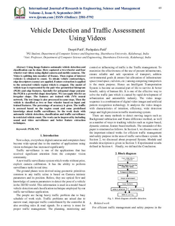 Pdf Vehicle Detection And Traffic Assessment Using Videos Pushpalata Patil