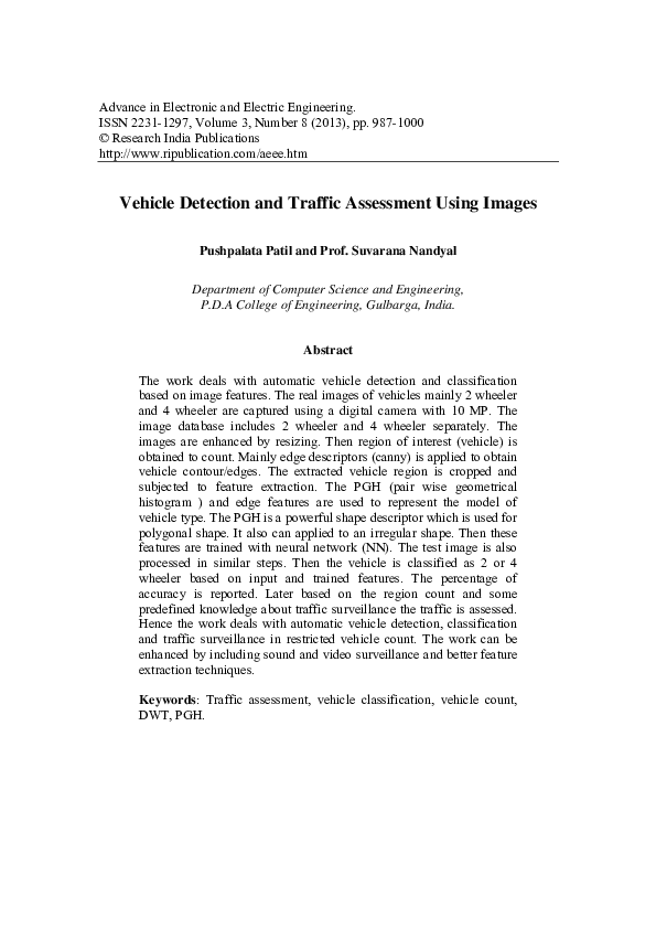 (PDF) Vehicle Detection and Traffic Assessment Using Images
