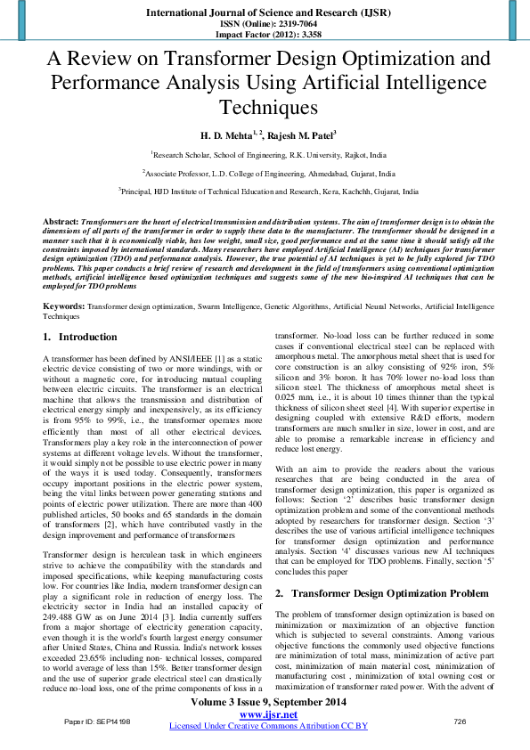 Pdf A Review On Transformer Design Optimization And Performance Analysis Using Artificial 