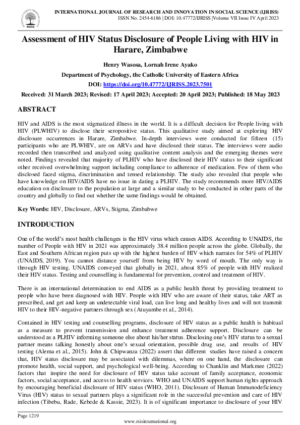 (PDF) Assessment of HIV Status Disclosure of People Living with HIV in ...