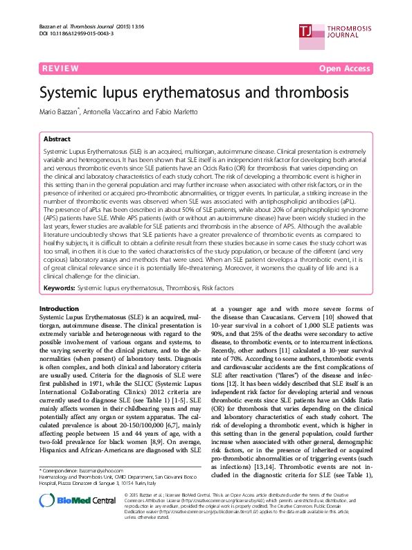 (PDF) Systemic lupus erythematosus and thrombosis