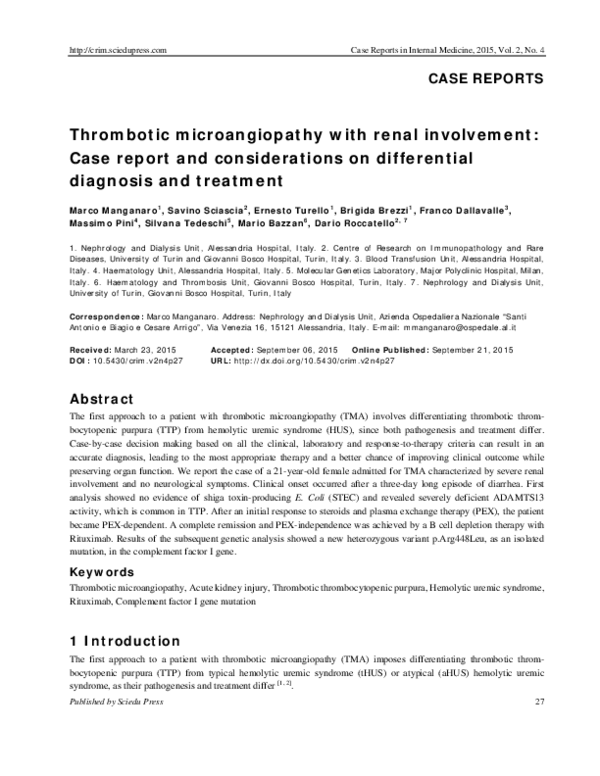 (PDF) Thrombotic microangiopathy with renal involvement: Case report and considerations on ...