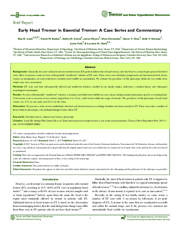 (PDF) Early Head Tremor in Essential Tremor: A Case Series and Commentary