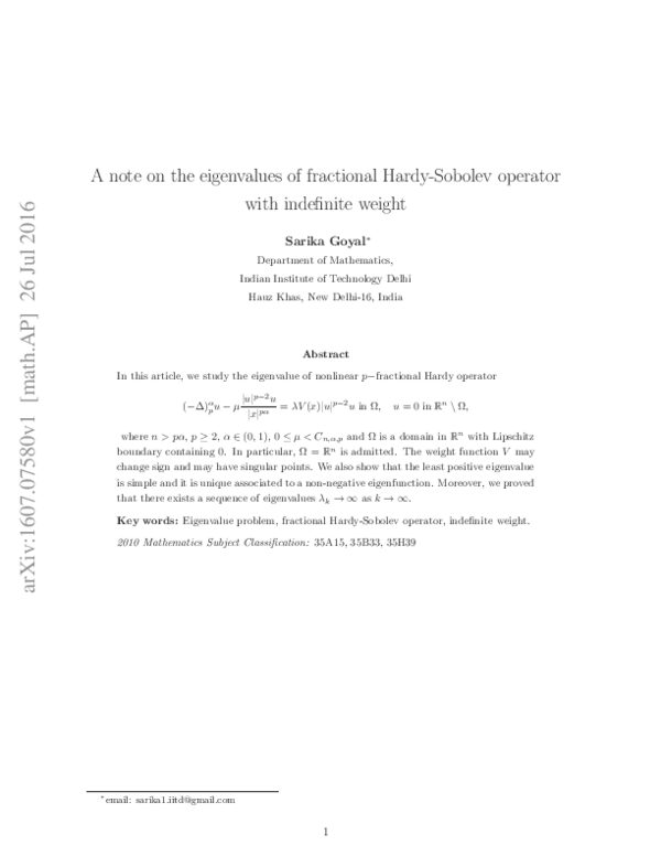 (PDF) A note on the eigenvalues of fractional Hardy-Sobolev operator with indefinite weight