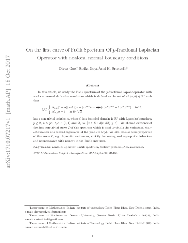 (PDF) On the first curve of Fu\\v{c}ik Spectrum Of $p$-fractional Laplacian Operator with ...