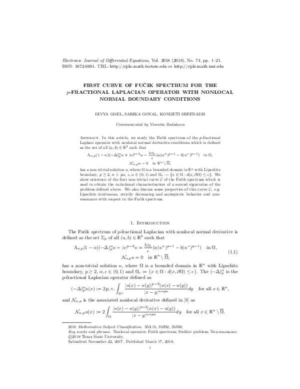 Pdf First Curve Of FuČik Spectrum For The P Fractional Laplacian Operator With Nonlocal Normal