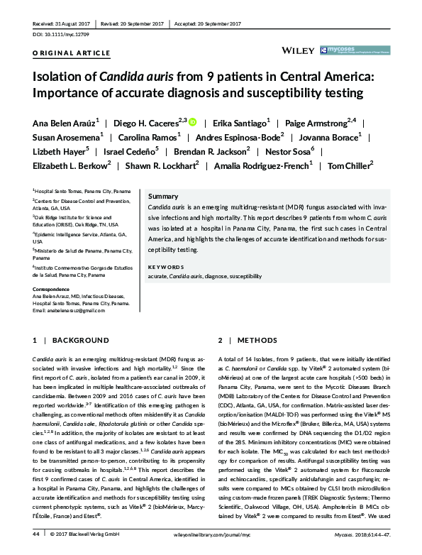 (PDF) Isolation of Candida auris from 9 patients in Central America ...