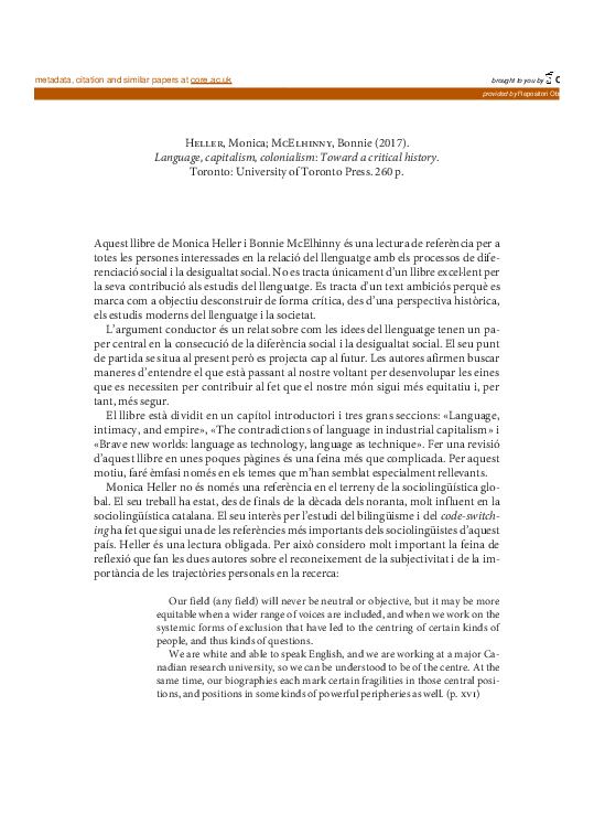 (PDF) Heller, Monica; McElhinny, Bonnie (2017). Language, capitalism ...