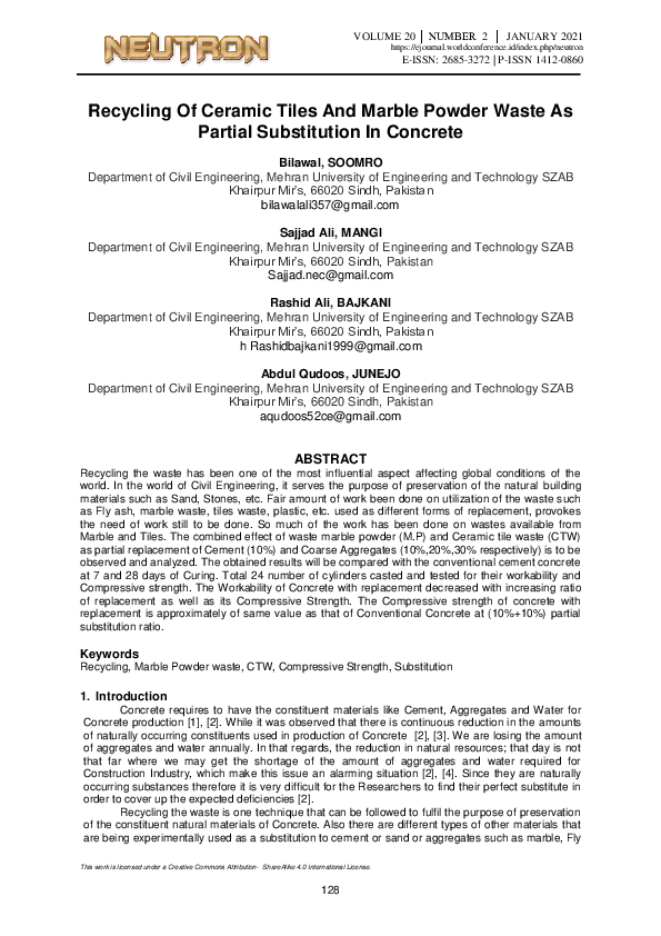 (PDF) Recycling of Ceramic Tiles and Marble Powder waste as Partial ...