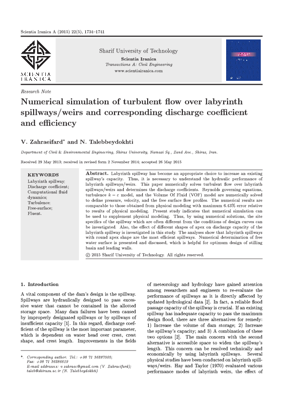 (PDF) Numerical simulation of turbulent ow over labyrinth spillways / weirs and corresponding ...
