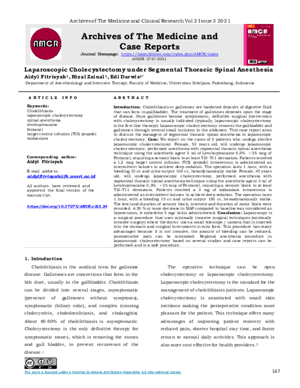 (PDF) Laparoscopic Cholecystectomy under Segmental Thoracic Spinal ...