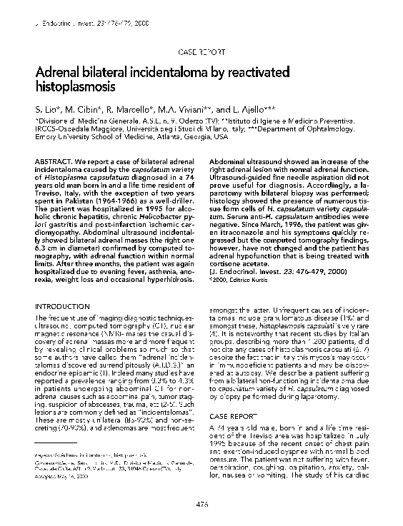 (PDF) Adrenal bilateral incidentaloma by reactivated histoplasmosis