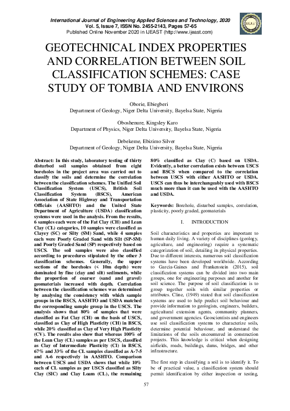 (PDF) Geotechnical Index Properties and Correlation Between Soil Classification Schemes: Case ...