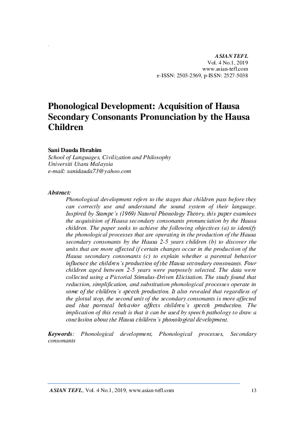 (PDF) Phonological Development: Acquisition of Hausa Secondary Consonants Pronunciation by the ...