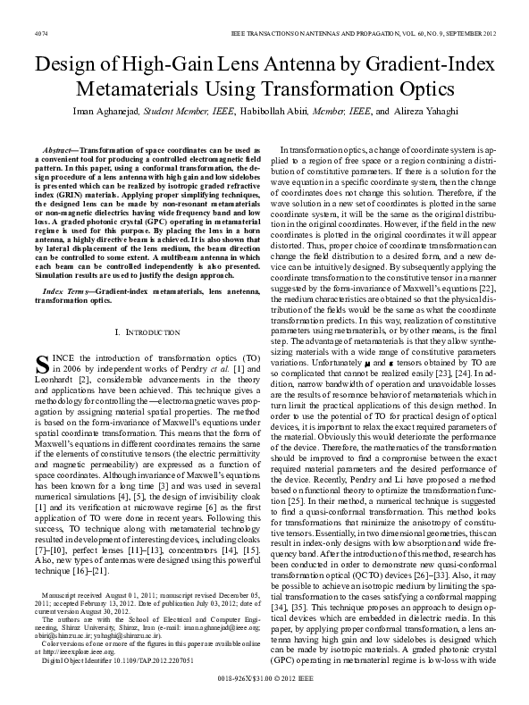 (PDF) Design of High-Gain Lens Antenna by Gradient-Index Metamaterials Using Transformation Optics