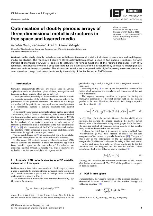 Pdf Optimisation Of Doubly Periodic Arrays Of Three Dimensional Metallic Structures In Free