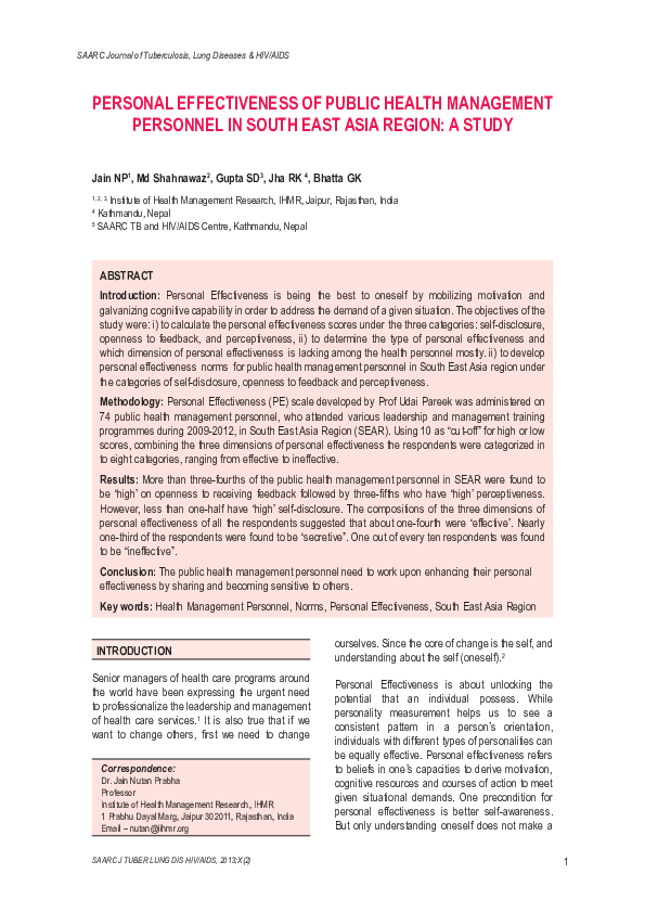 (PDF) Personal Effectiveness Of Public Health Management Personnel In South East Asia Region: A ...