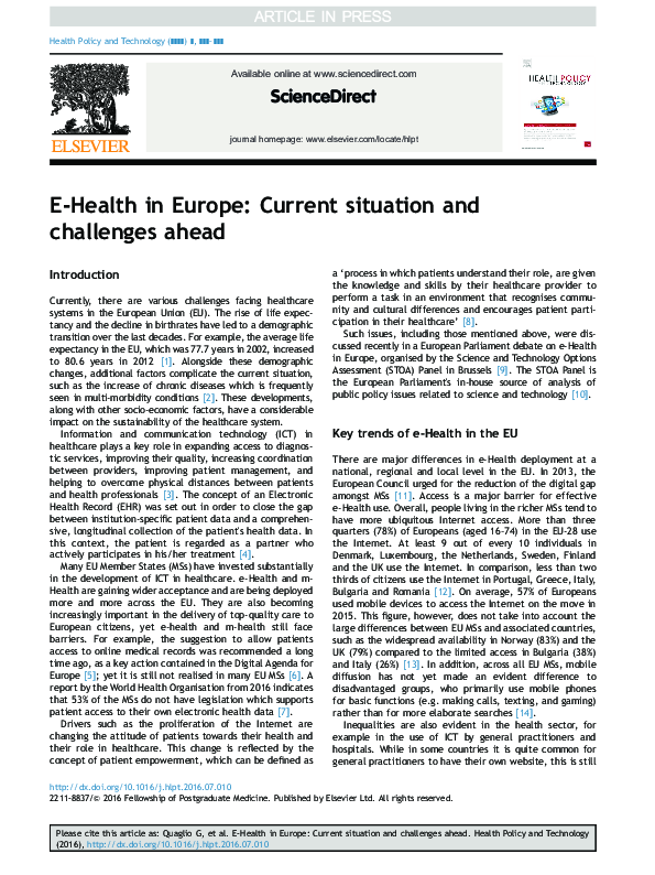 (PDF) E-Health in Europe: Current situation and challenges ahead