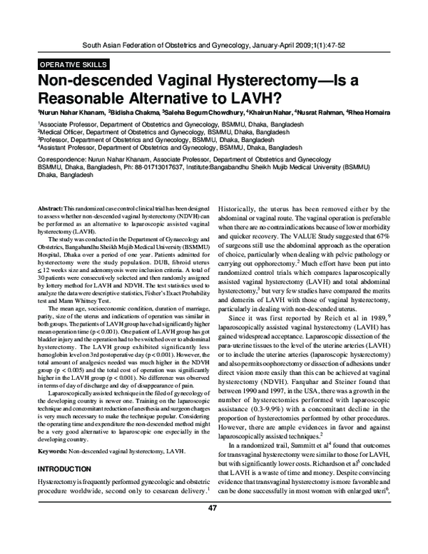 (PDF) Non-descended Vaginal Hysterectomy—Is a Reasonable Alternative to ...