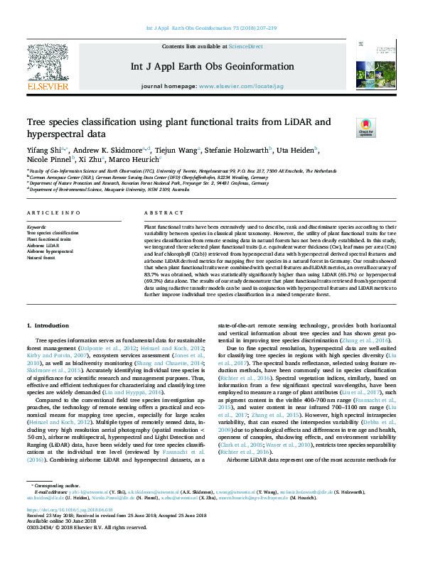 Pdf Tree Species Classification Using Plant Functional Traits From Lidar And Hyperspectral Data