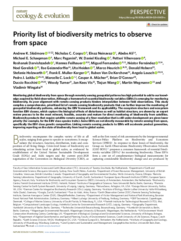 (PDF) Priority list of biodiversity metrics to observe from space