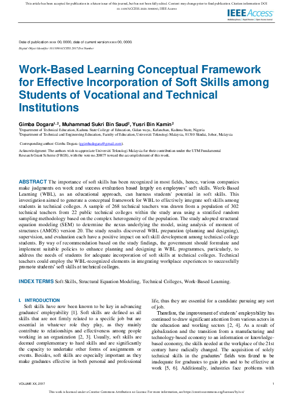 (PDF) Work-Based Learning Conceptual Framework for Effective Incorporation of Soft Skills Among ...