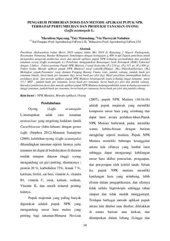 (PDF) PENGARUH PEMBERIAN DOSIS DAN METODE APLIKASI PUPUK NPK TERHADAP PERTUMBUHAN DAN PRODUKSI ...