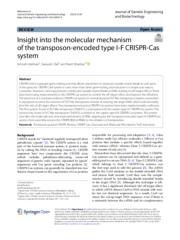 (PDF) Insight into the molecular mechanism of the transposon-encoded type I-F CRISPR-Cas system