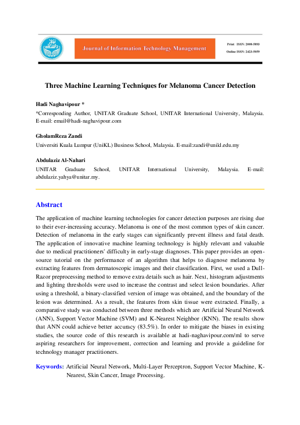 Pdf Three Machine Learning Techniques For Melanoma Cancer Detection