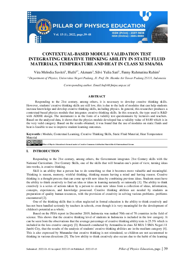 Pdf Contextual Based Module Validation Test Integrating Creative Thinking Ability In Static
