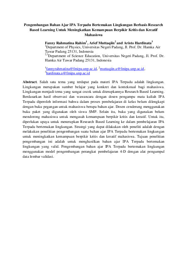 (PDF) Pengembangan Bahan Ajar IPA Terpadu Bertemakan Lingkungan Berbasis Research Based Learning ...