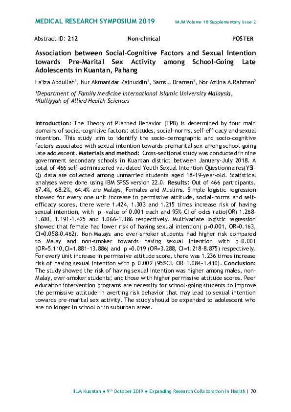 Pdf Association Between Social Cognitive Factors And Sexual Intention Towards Pre Marital Sex