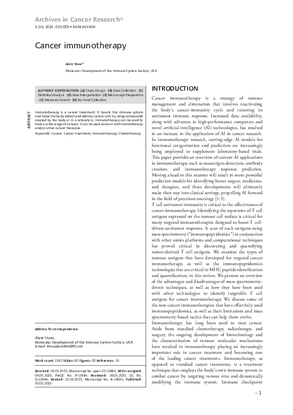 Pdf Cancer Immunotherapy