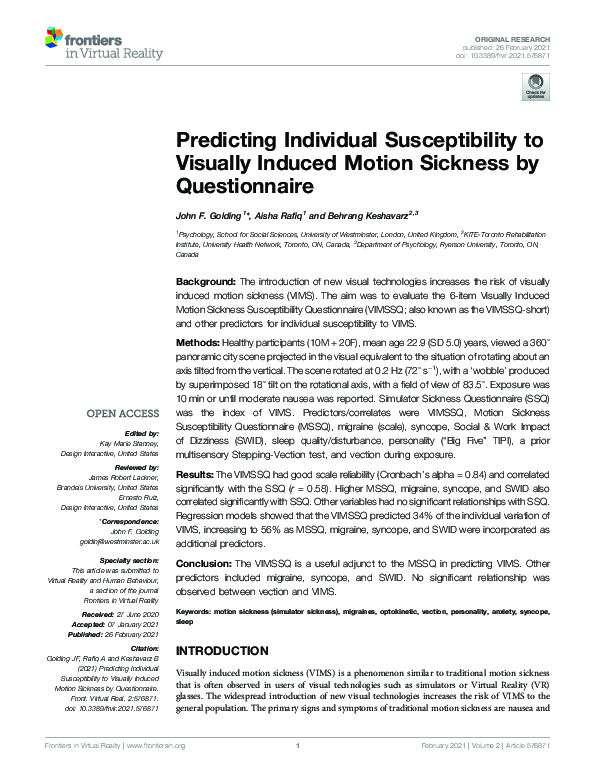(PDF) Predicting Individual Susceptibility to Visually Induced Motion Sickness by Questionnaire