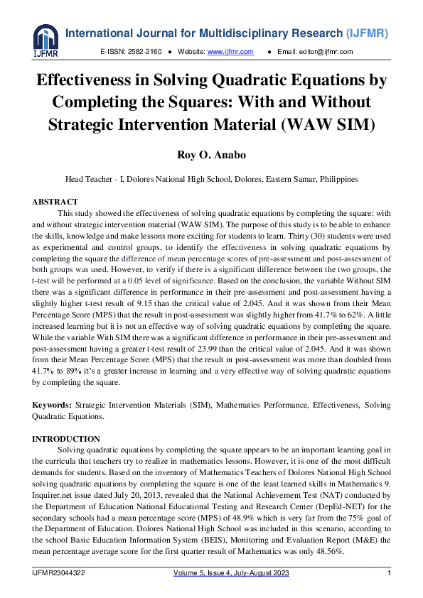 (PDF) Effectiveness in Solving Quadratic Equations by Completing the ...