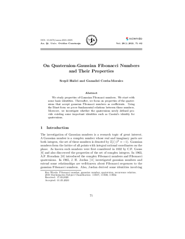 (PDF) On Quaternion-Gaussian Fibonacci Numbers and Their Properties